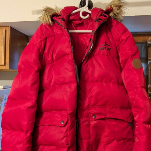 Neptune | Jackets & Coats | Mens Red Puffer Jacket With Faux Fur Hood ...